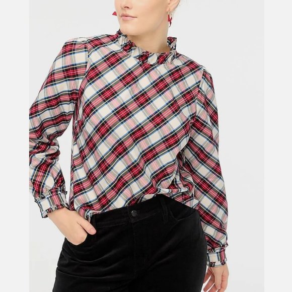 J. Crew | Tops | J Crew White Tartan Plaid Cottonblend Ruffleneck Top | Poshmark